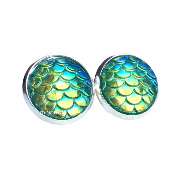 thejeweladdict | Jewelry | 3 For 5 Green Iridescent Mermaid Scale Studs | Poshmark